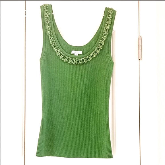 Cache | Tops | Cache Beaded Trim Green Tank Knit Stretch Top | Poshmark